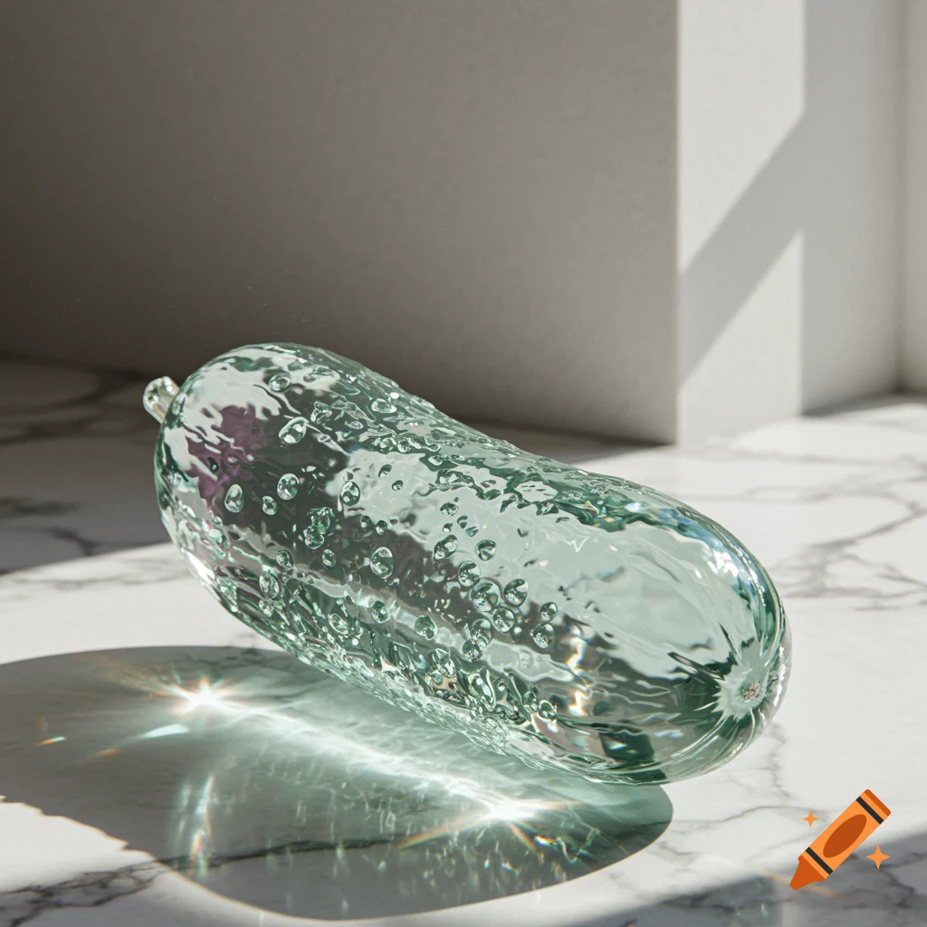 A photorealistic glass cucumber with bubbles on a marble surface, with sunlight and shadows. on ...