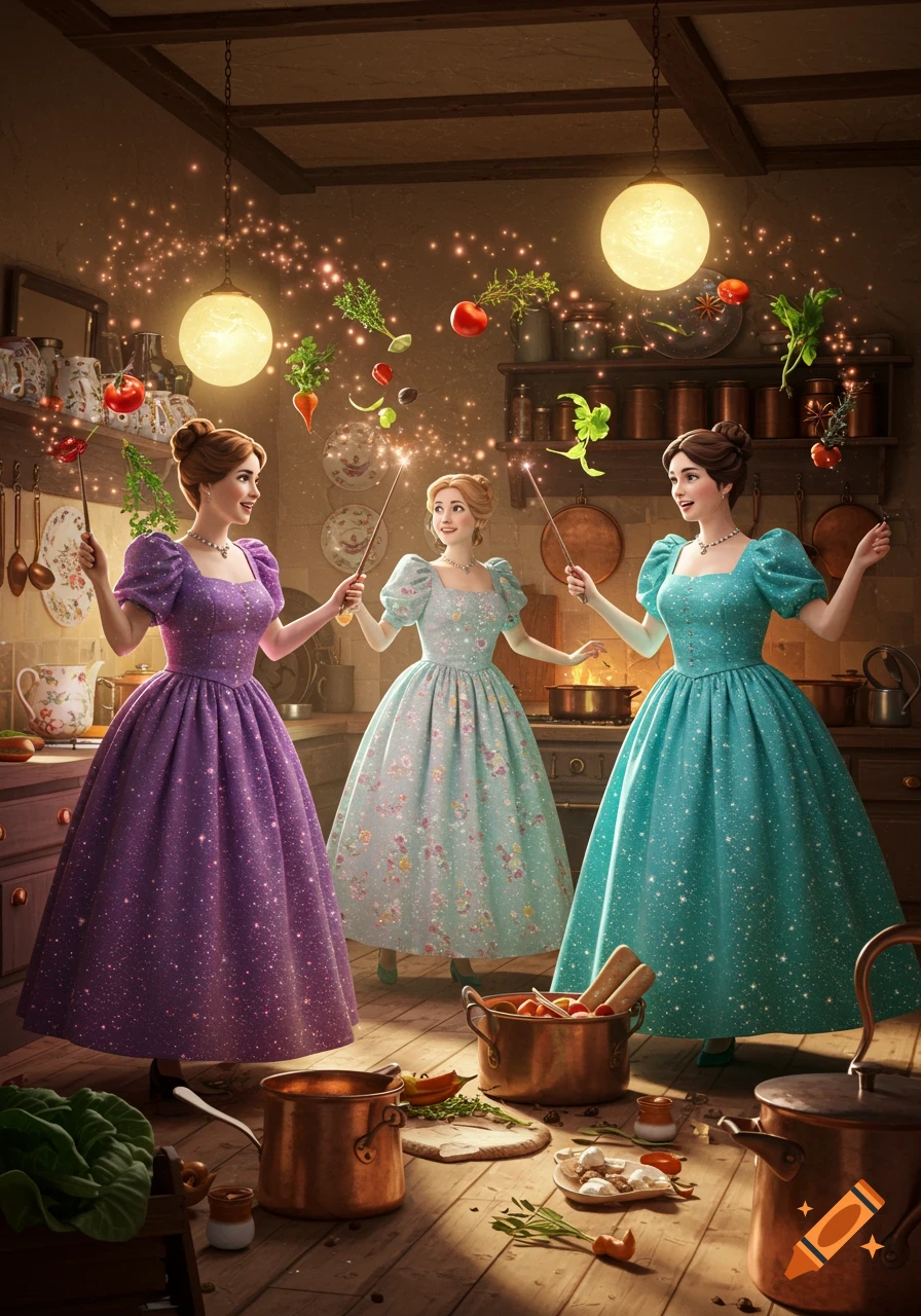 Three women in sparkling dresses use magic wands to conjure floating ...