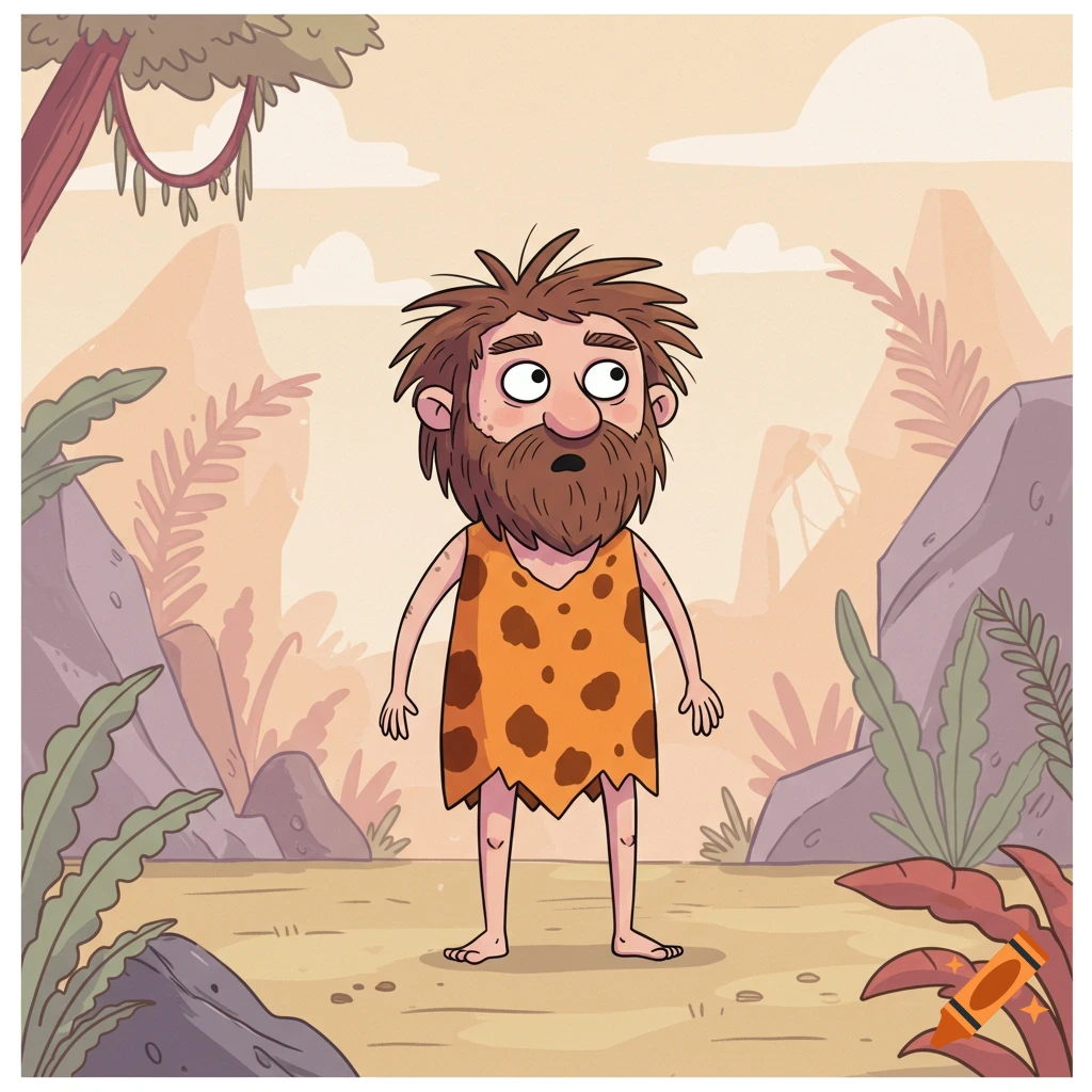 A cartoon caveman in a spotted animal hide stands in a prehistoric ...