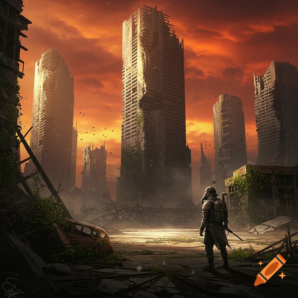 A desolate, stormy post-apocalyptic landscape with dry grass, a shack ...