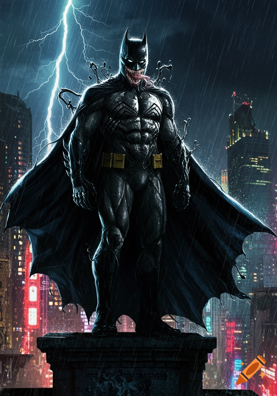 Batman in a black Venom-like symbiote suit with sharp teeth and long ...