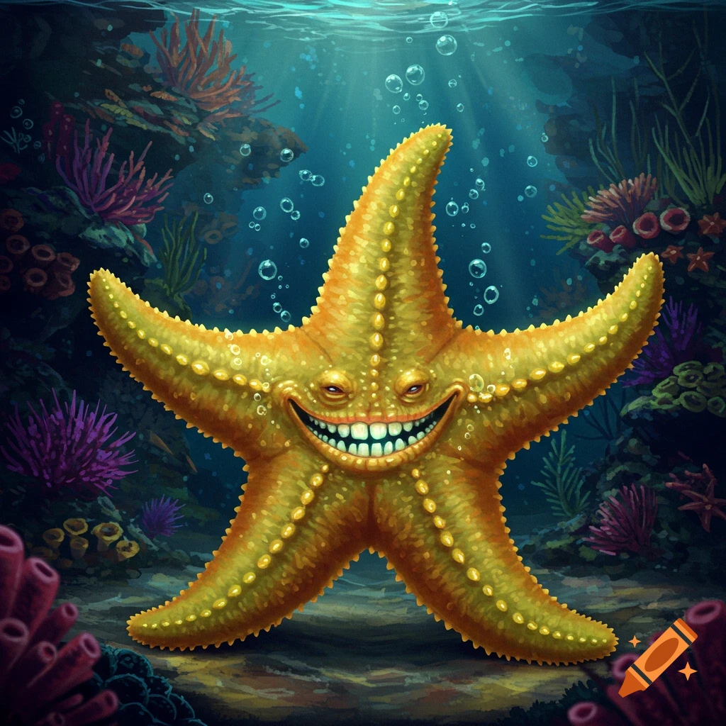 A creepy grinning yellow starfish in a vibrant underwater scene with ...