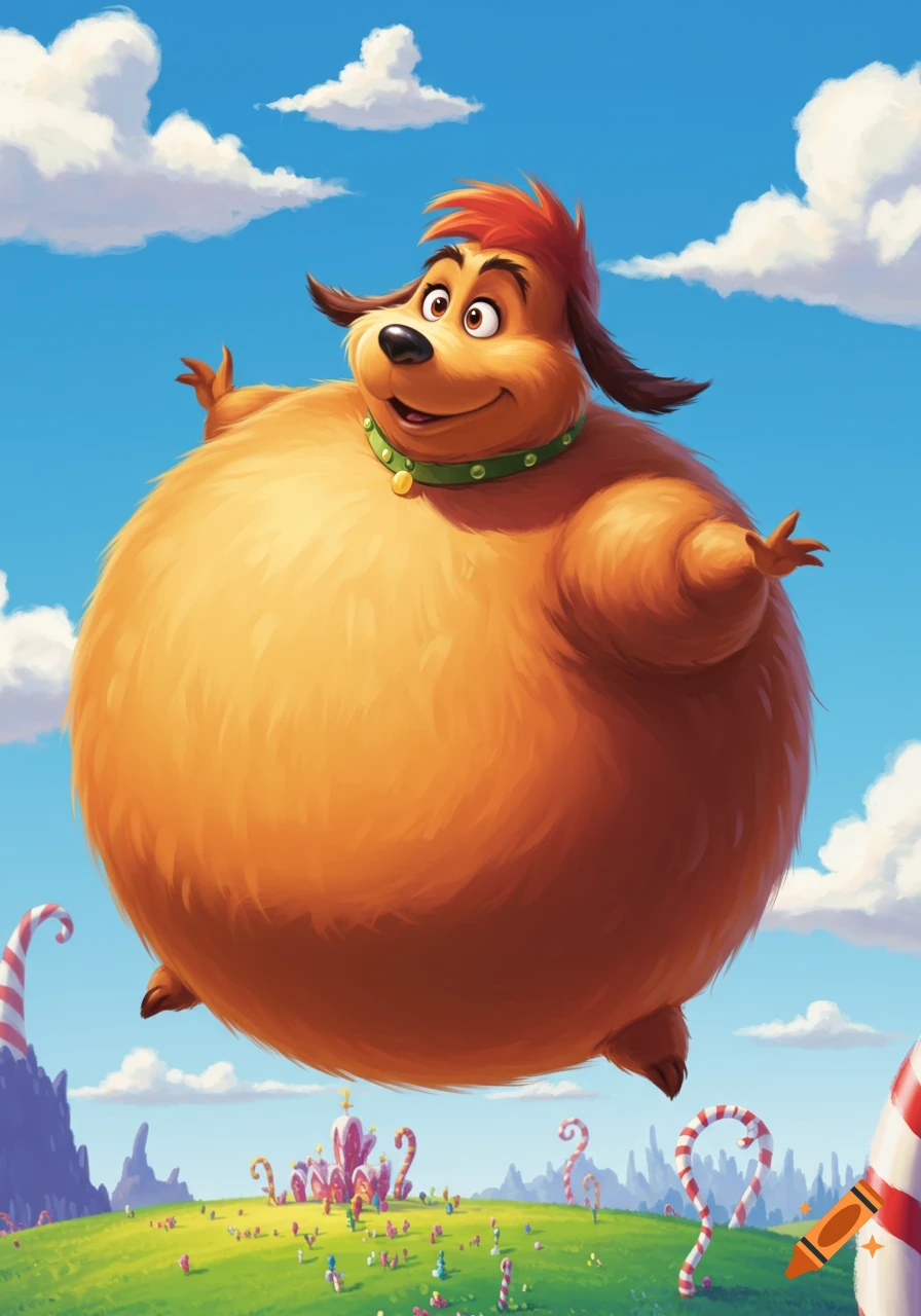 A giant, round, inflated brown cartoon dog, Max, floats happily in a ...