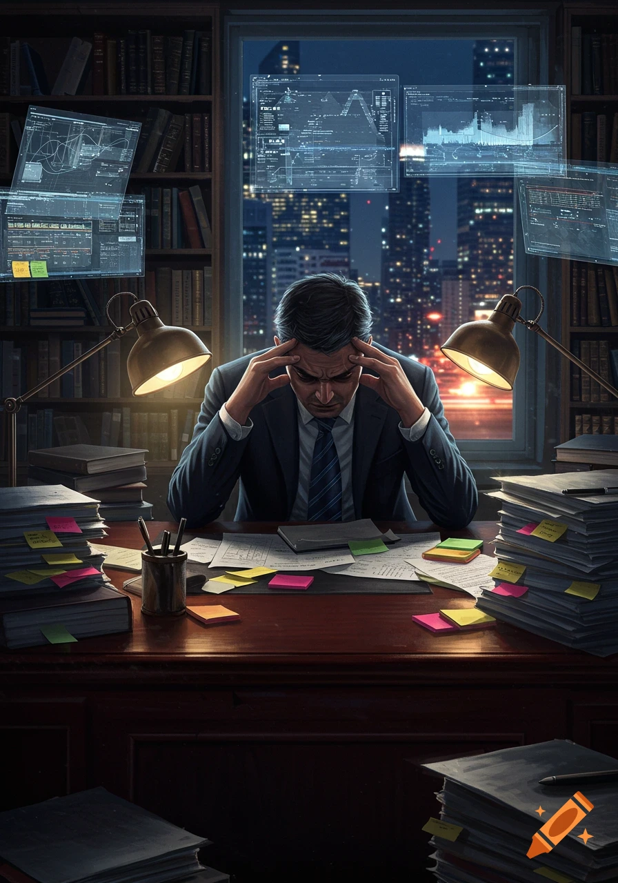 A person sitting at a cluttered desk, surrounded by stacks of papers ...