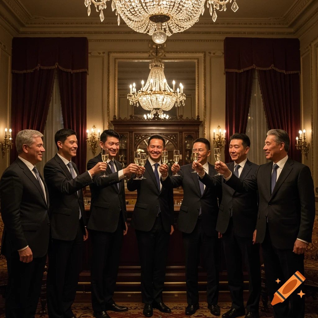 Seven men in dark suits raise champagne glasses in a toast inside a grand room with chandeliers ...