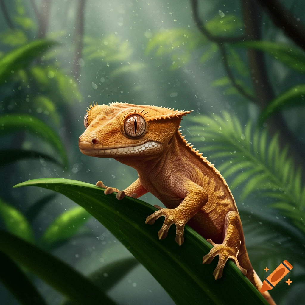 A photorealistic crested gecko with large eyes perches on a vibrant green leaf in a misty jungle ...