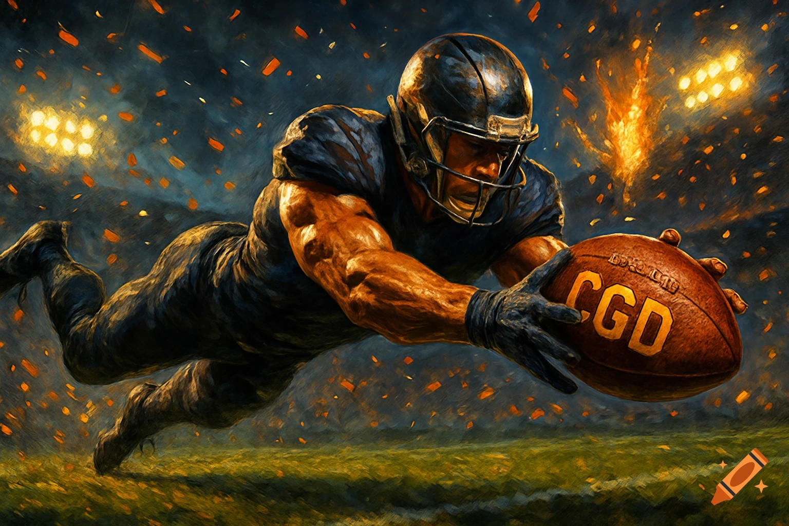 A flamboyant cartoon football mascot with a fur coat, wide-brimmed hat ...