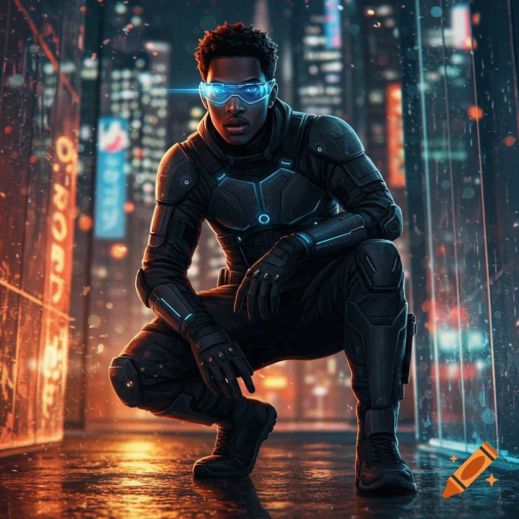 A young African American man in black tactical gear and blue glowing ...