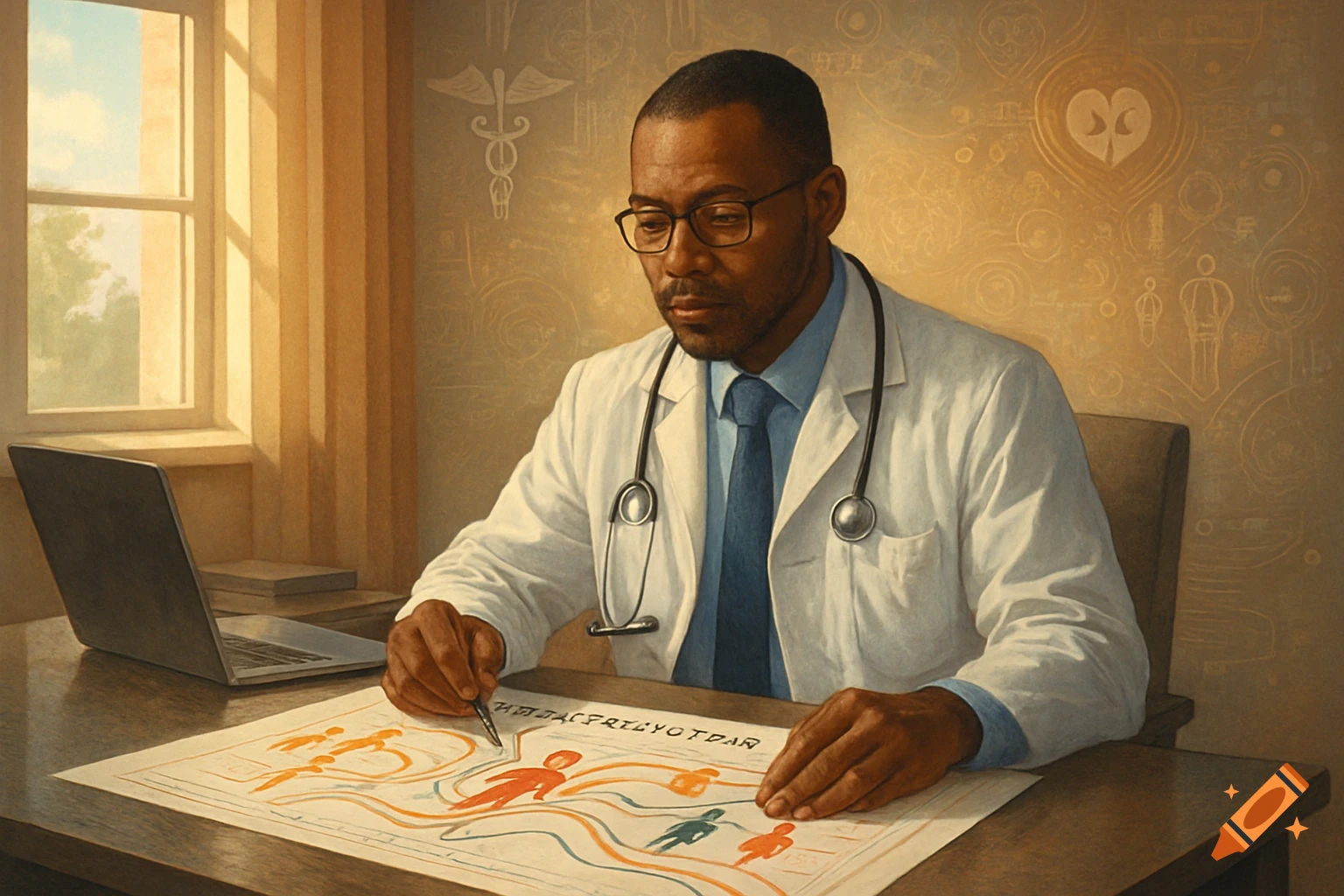 A photorealistic image of a smiling Black nurse in a short white ...