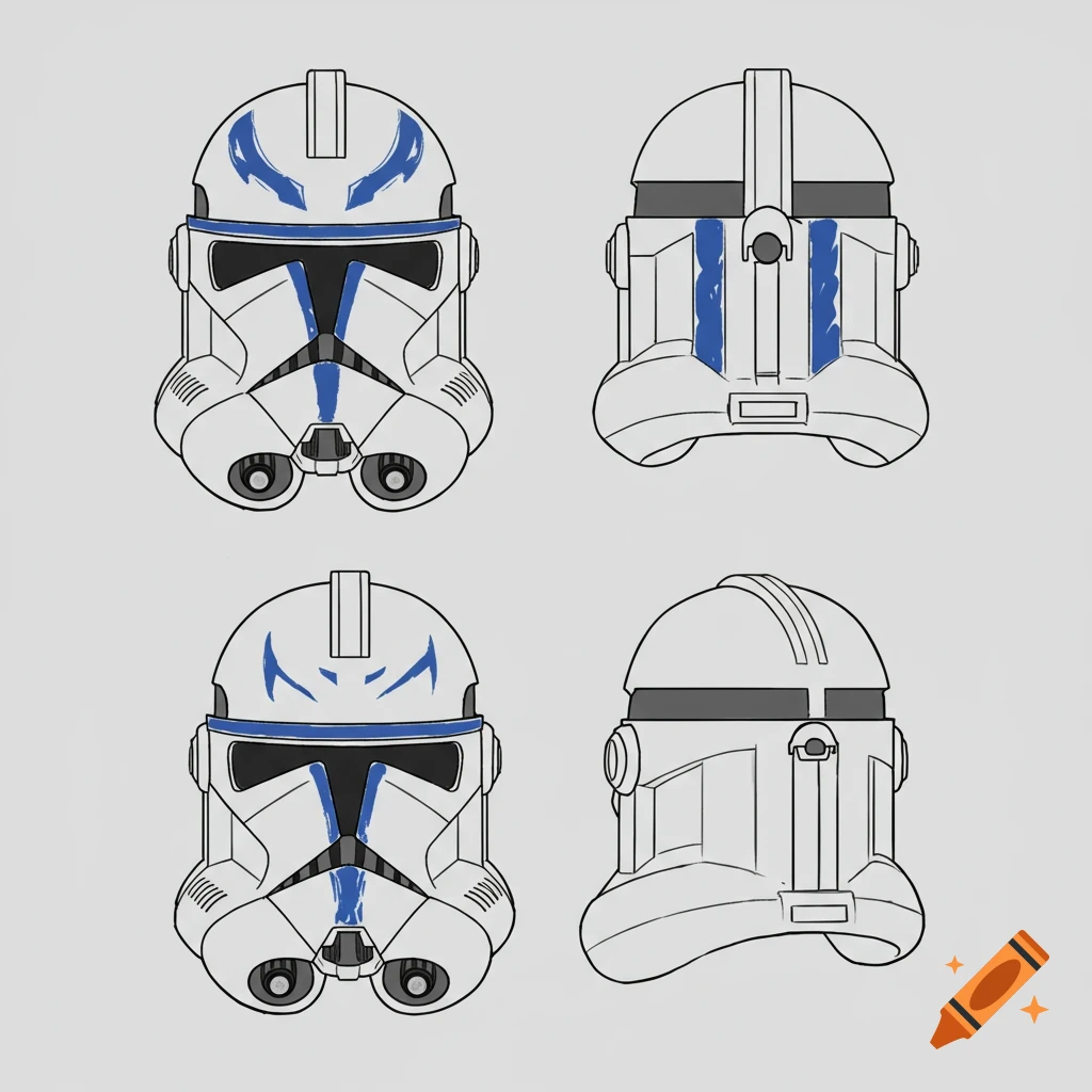 Four white and blue Captain Rex helmets in line art style, shown from ...