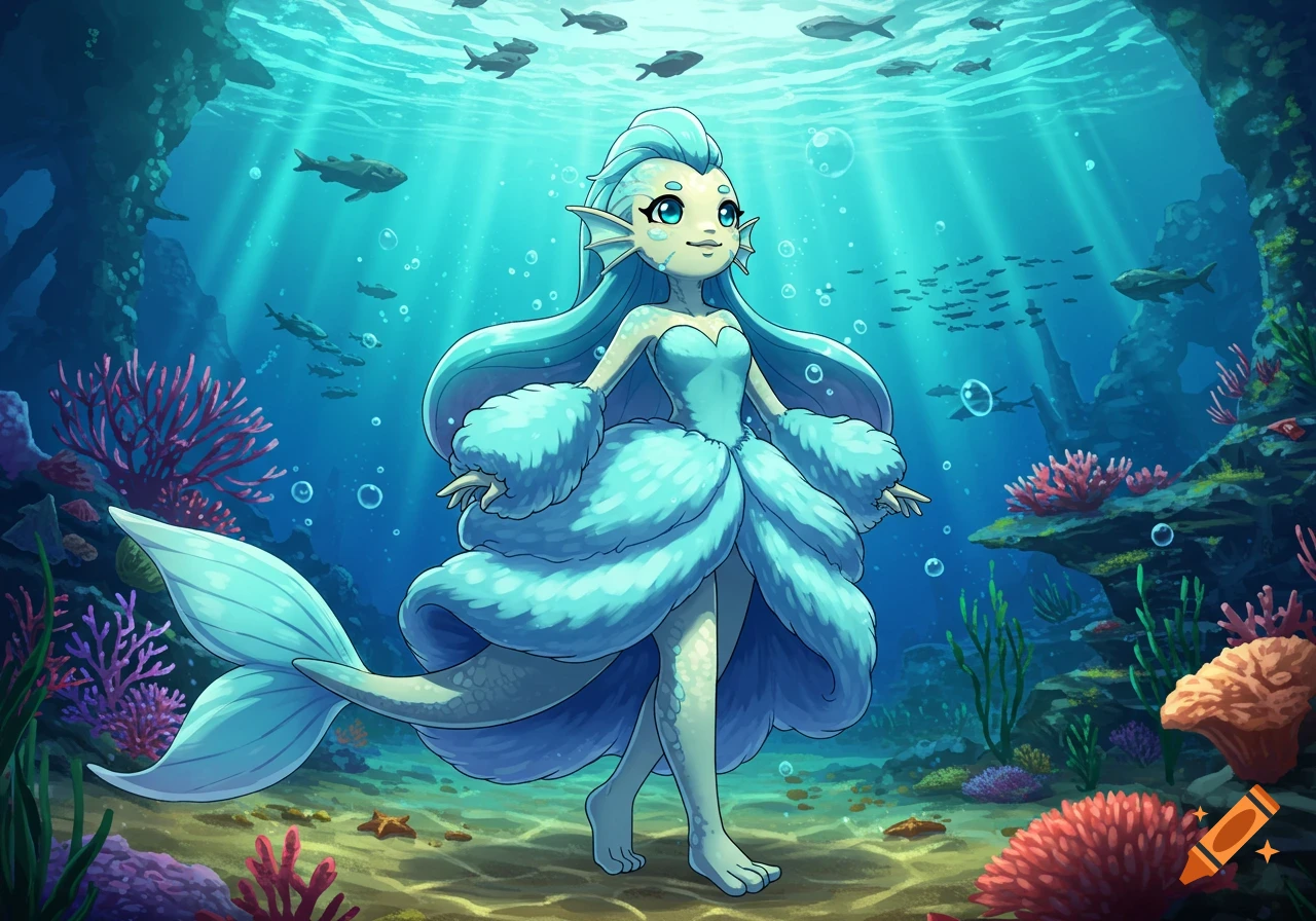 A cartoon fish-human hybrid character in a blue fluffy dress, with a ...