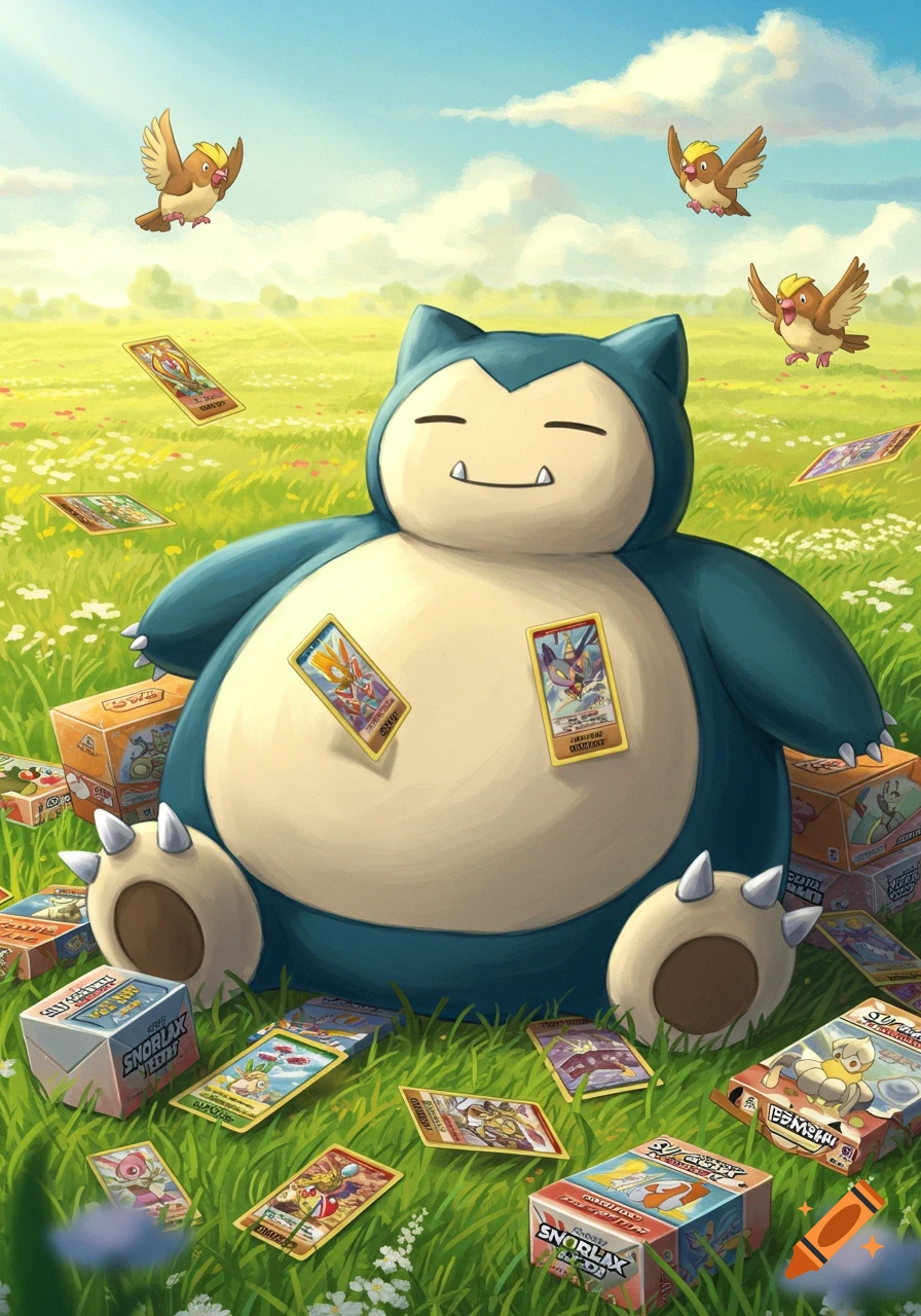 A smiling Snorlax sits in a sunny green field with white flowers ...