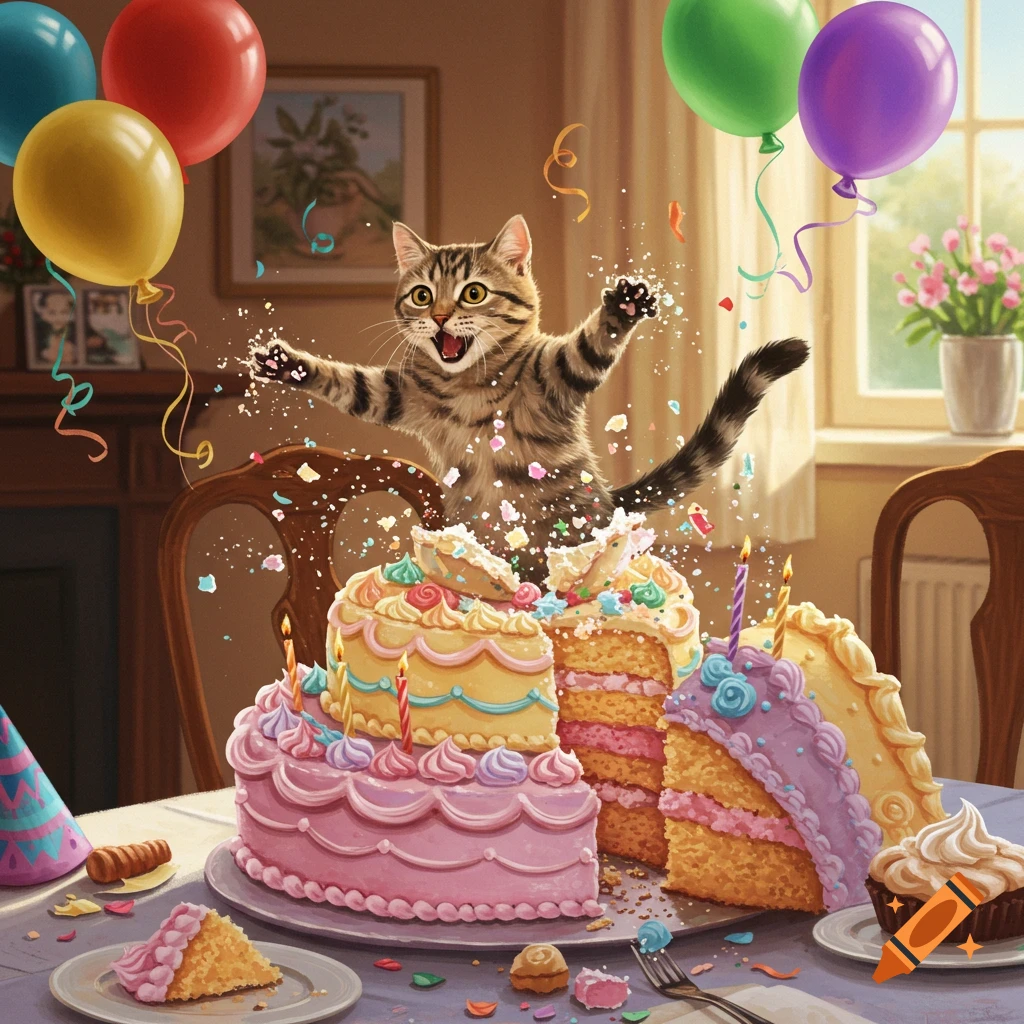 A happy tabby cat jumps out of a colorful birthday cake, surrounded by ...