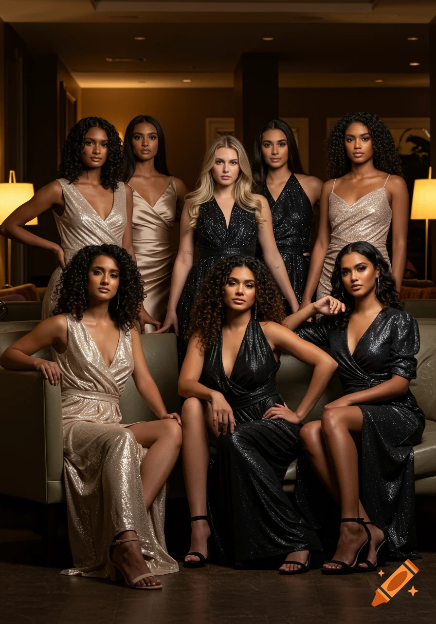 Seven women in sparkly gold and black dresses pose elegantly in a dimly ...