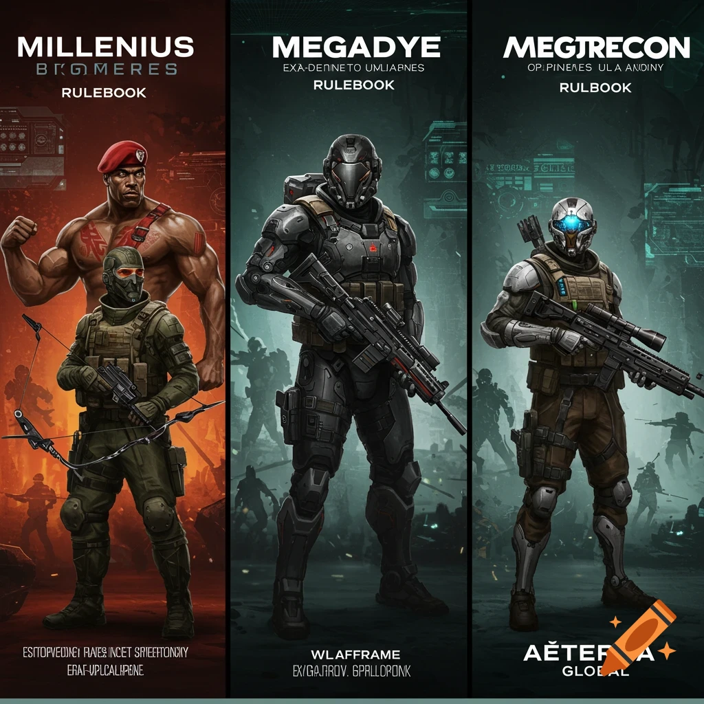 Three vertical panels depict futuristic military figures for a wargame ...