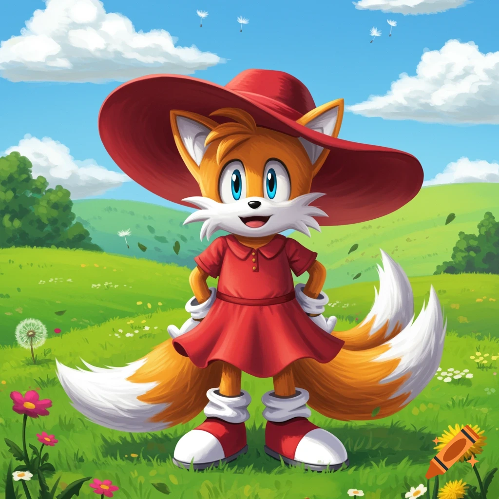 Tails the fox wears a red hat and dress, standing in a vibrant green ...
