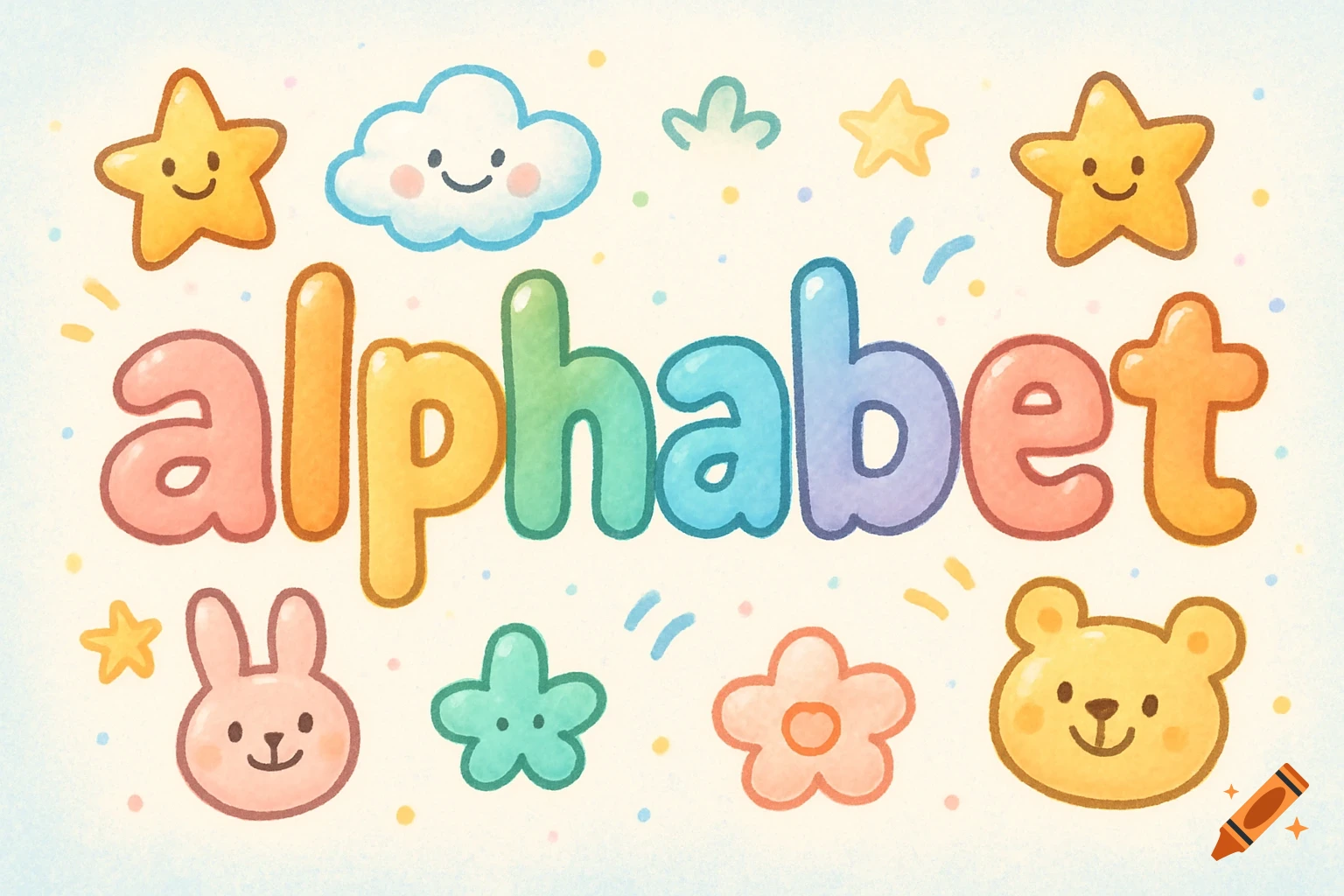 Colorful bubble letters spelling 'alphabet' surrounded by cute cartoon ...