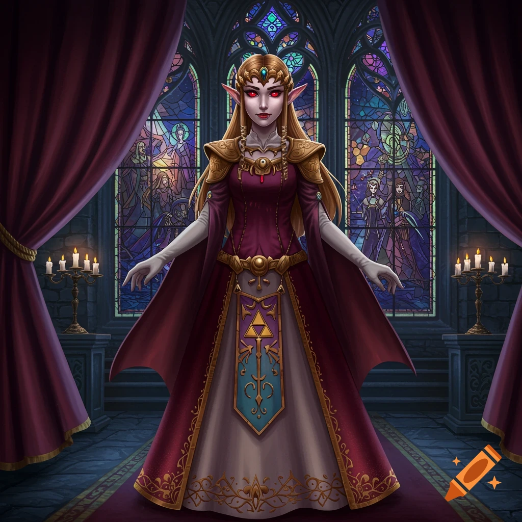 A vampiric Princess Zelda with red eyes in a dark red and gold gown ...