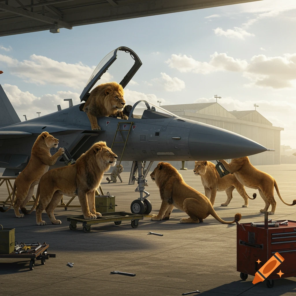 A photorealistic image of a team of lions working on a jet aircraft on ...