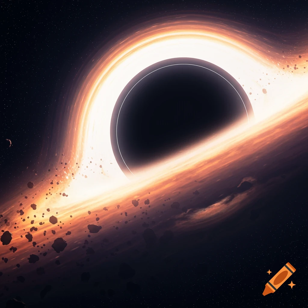 A vibrant black hole with a bright orange and white accretion disk ...