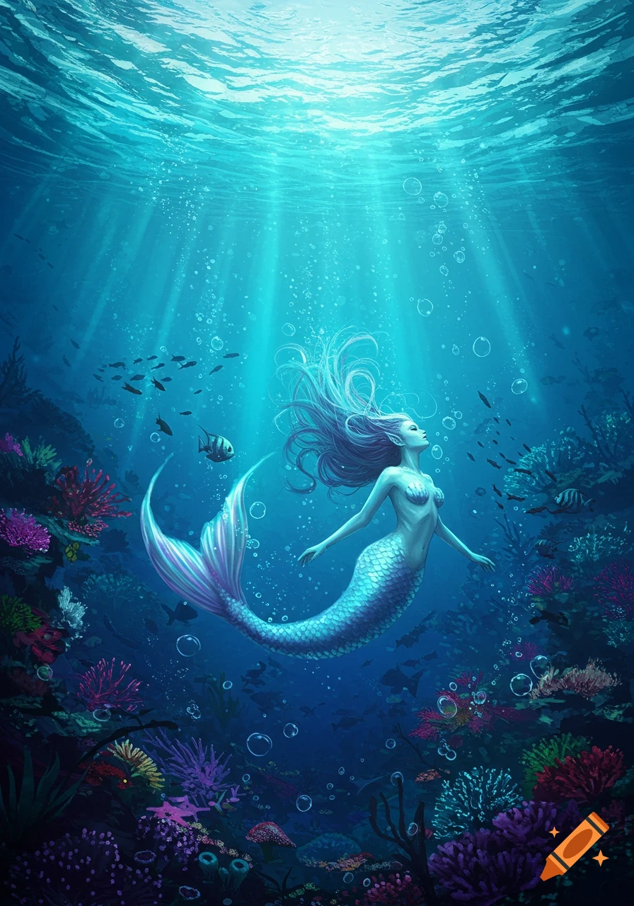 A beautiful mermaid with long blonde hair and a shimmering blue tail ...