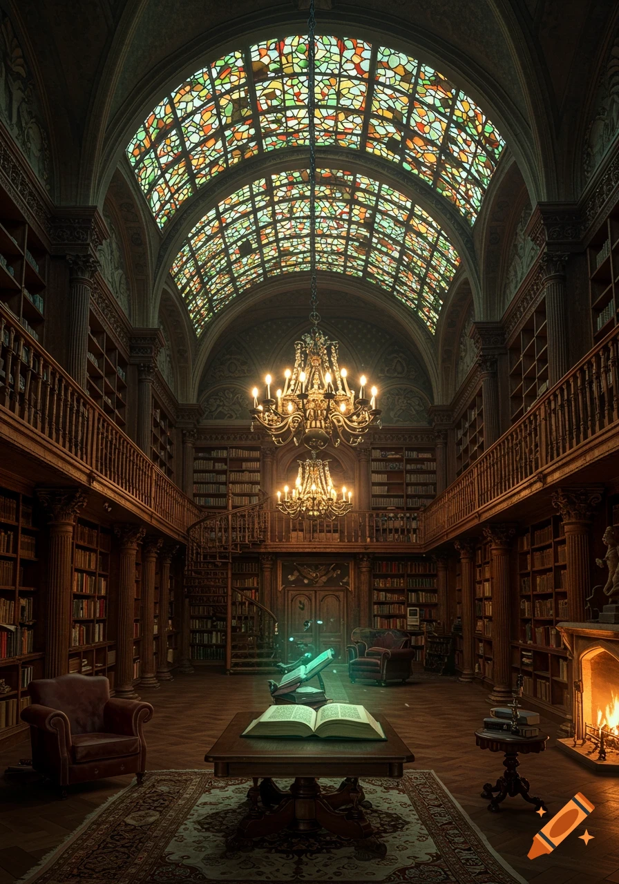 A grand circular magical library filled with books, glowing orbs ...
