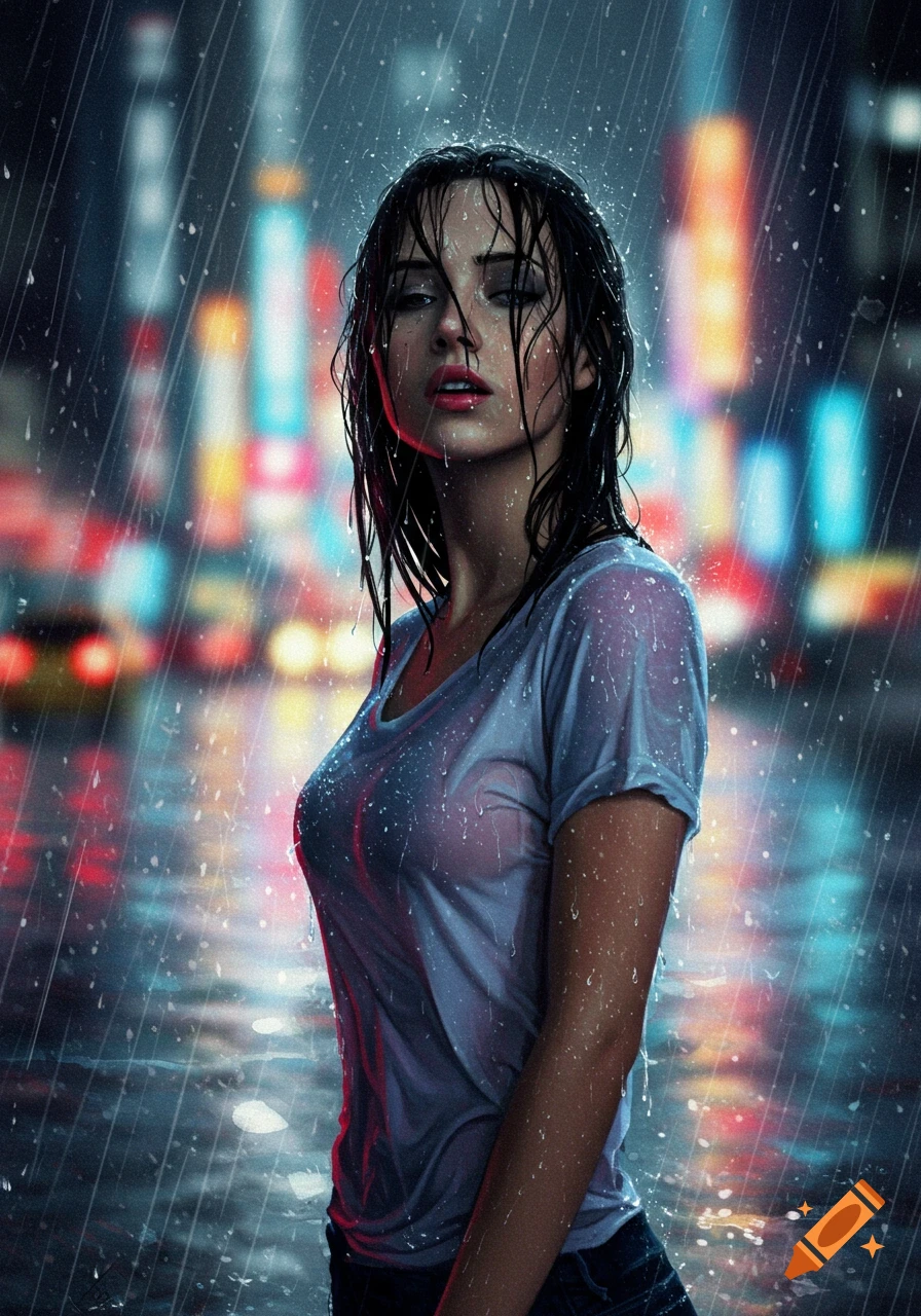 A woman with wet hair and a wet t-shirt stands in the rain at night, with blurred city lights in ...