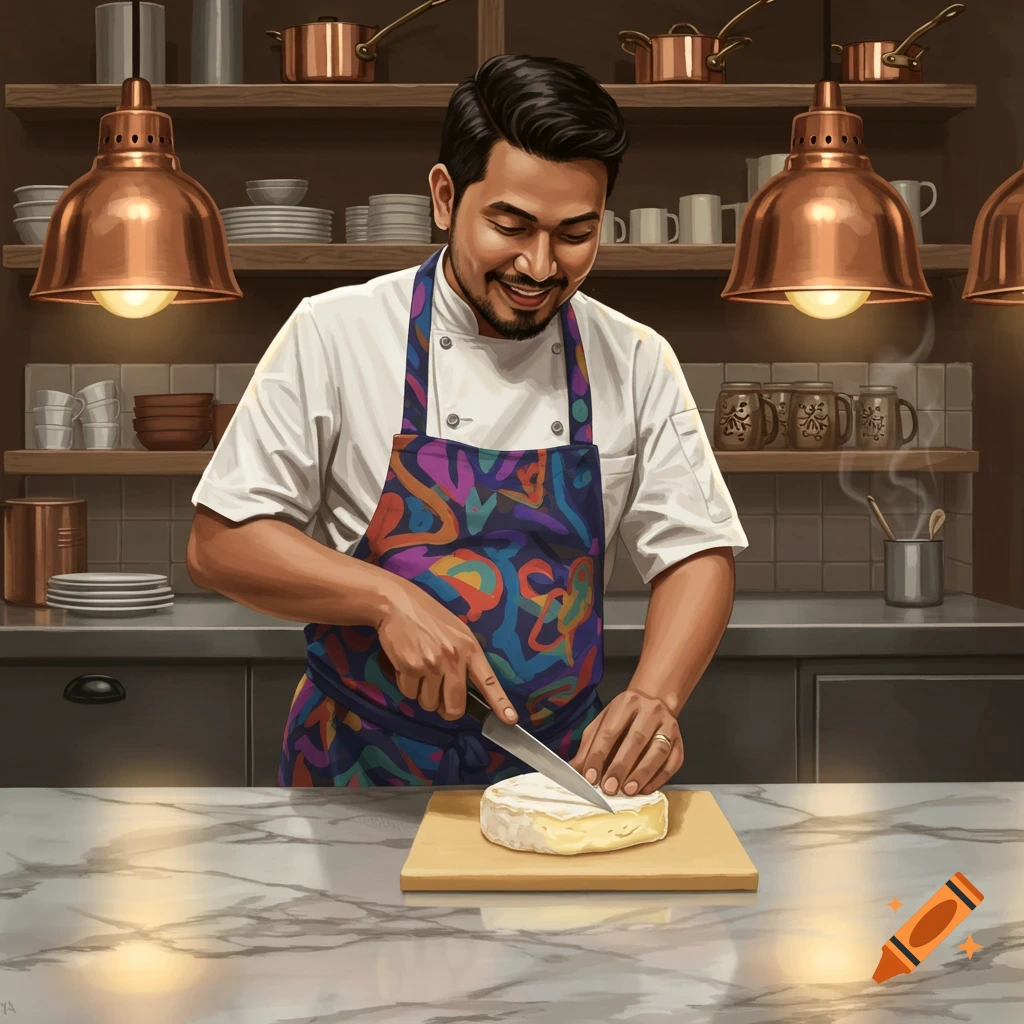 A smiling chef with a colorful apron cuts a round of cheese on a wooden ...