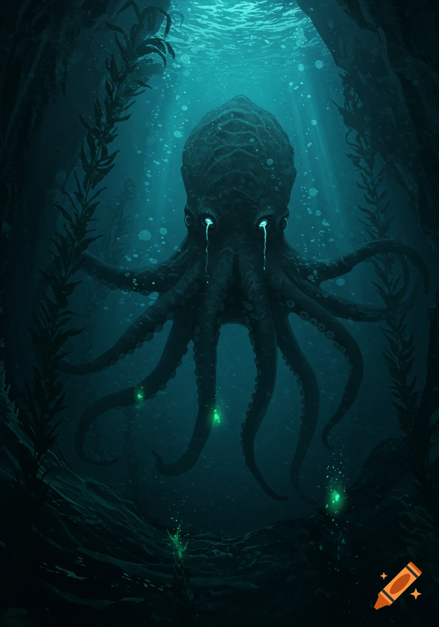 A giant spider stands on the surface of a moonlit ocean, with luminous deep-sea life visible ...