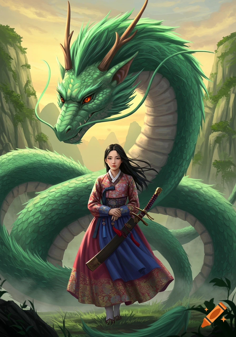 A woman in a traditional Korean hanbok holds a sword in front of a ...