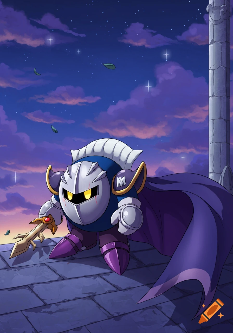 Meta Knight, a small armored character with a cape and sword, stands ...