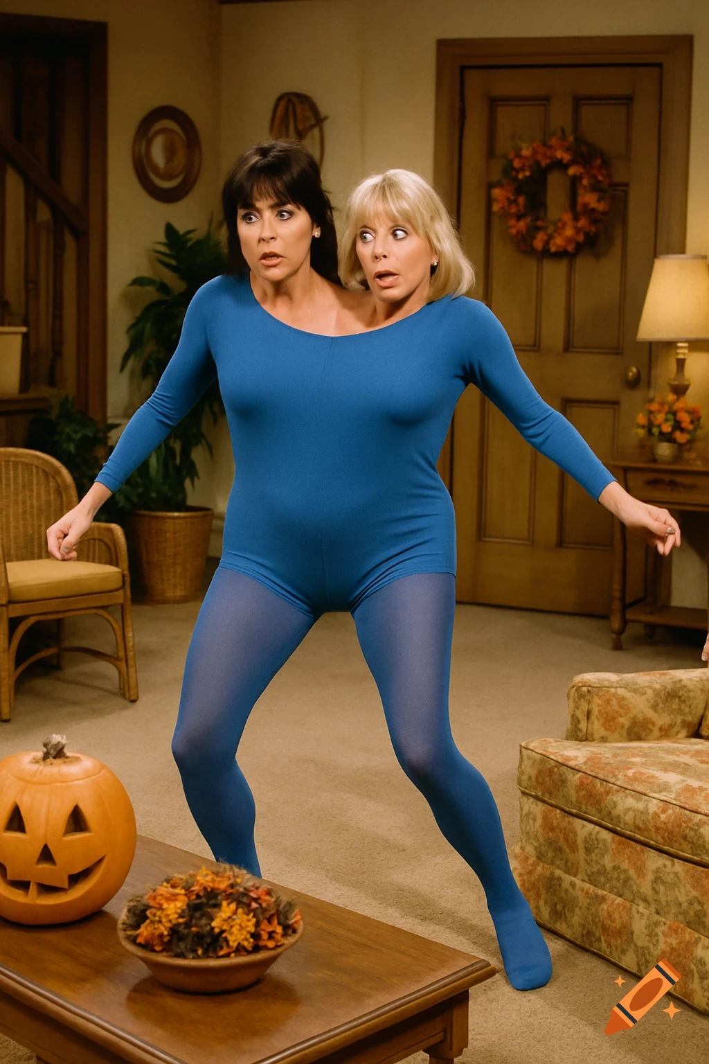 Two women, appearing conjoined at the torso, wear black leotards and ...