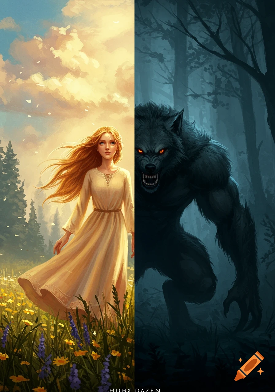 A blonde woman in a light dress is held by a muscular werewolf in a ...