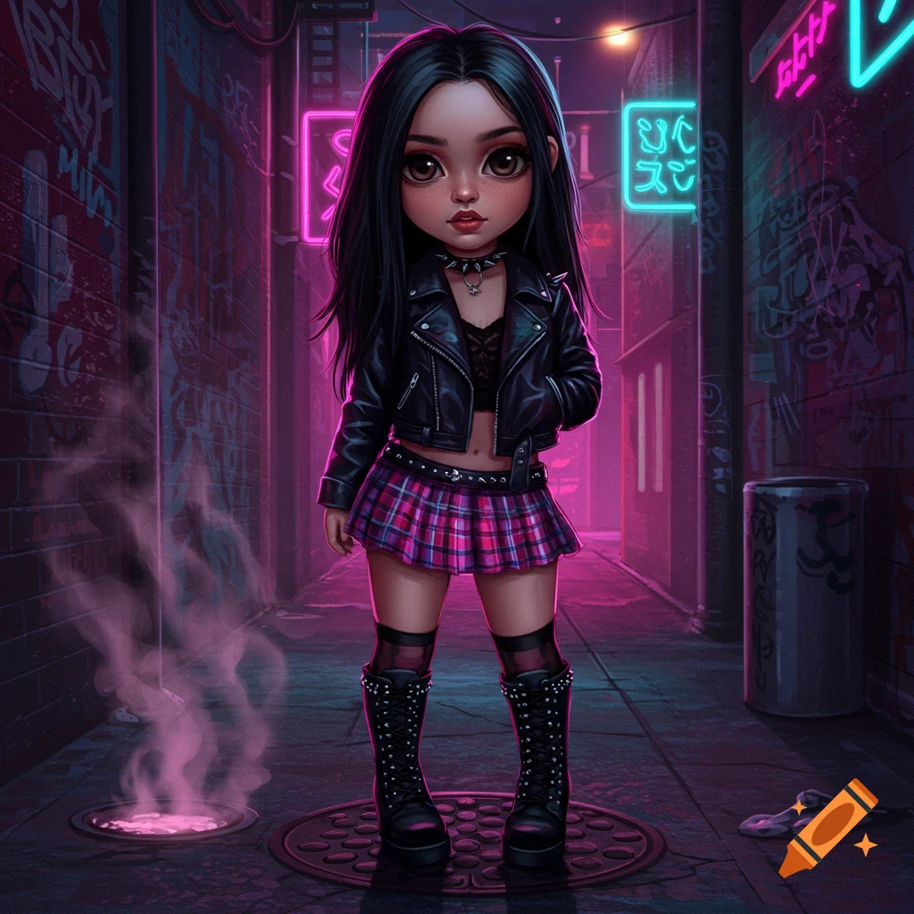A stylized doll-like girl with black hair in punk attire stands in a ...