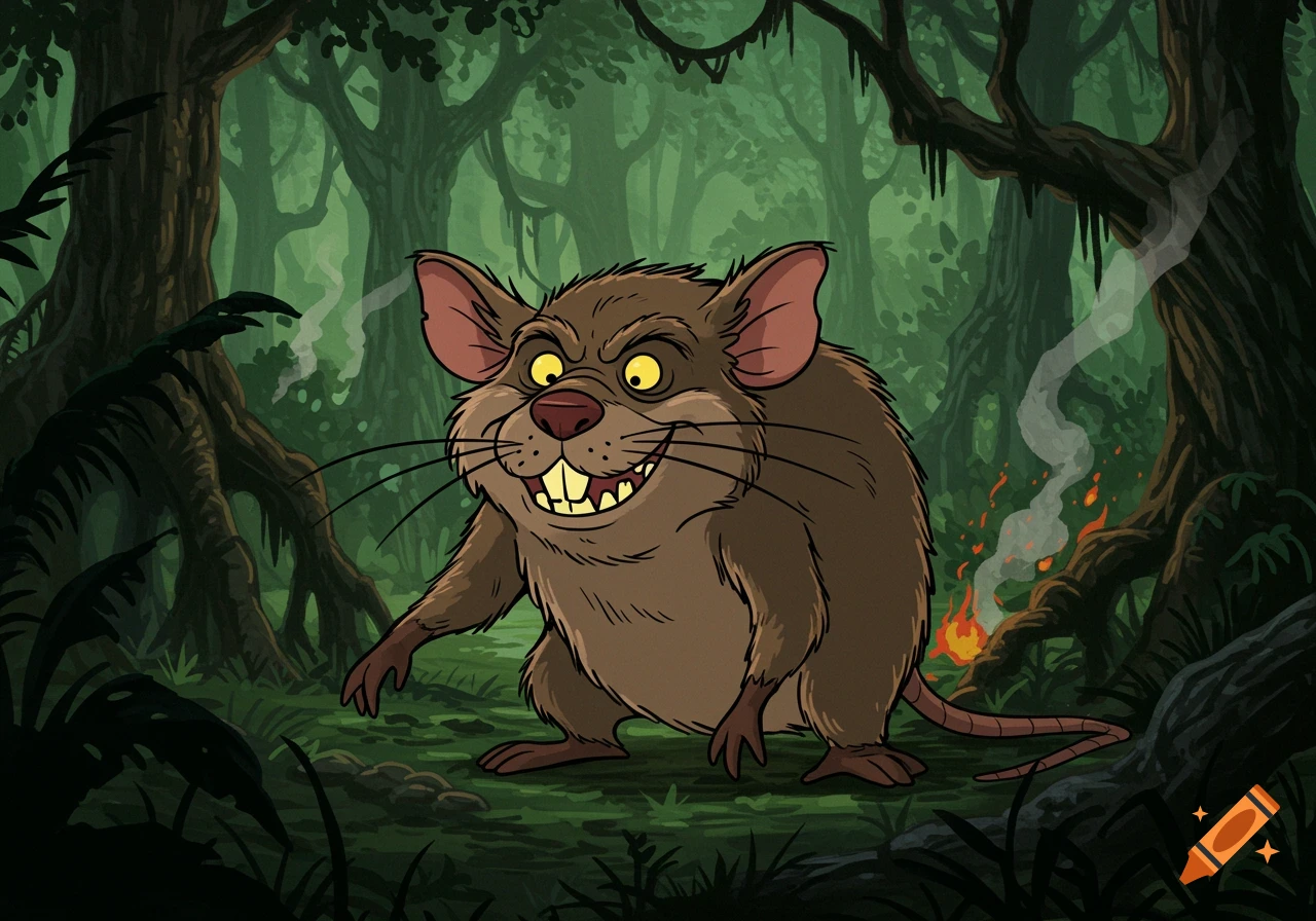 Cartoon Gru in a jungle with a huge belly, looking at Kaa the snake ...