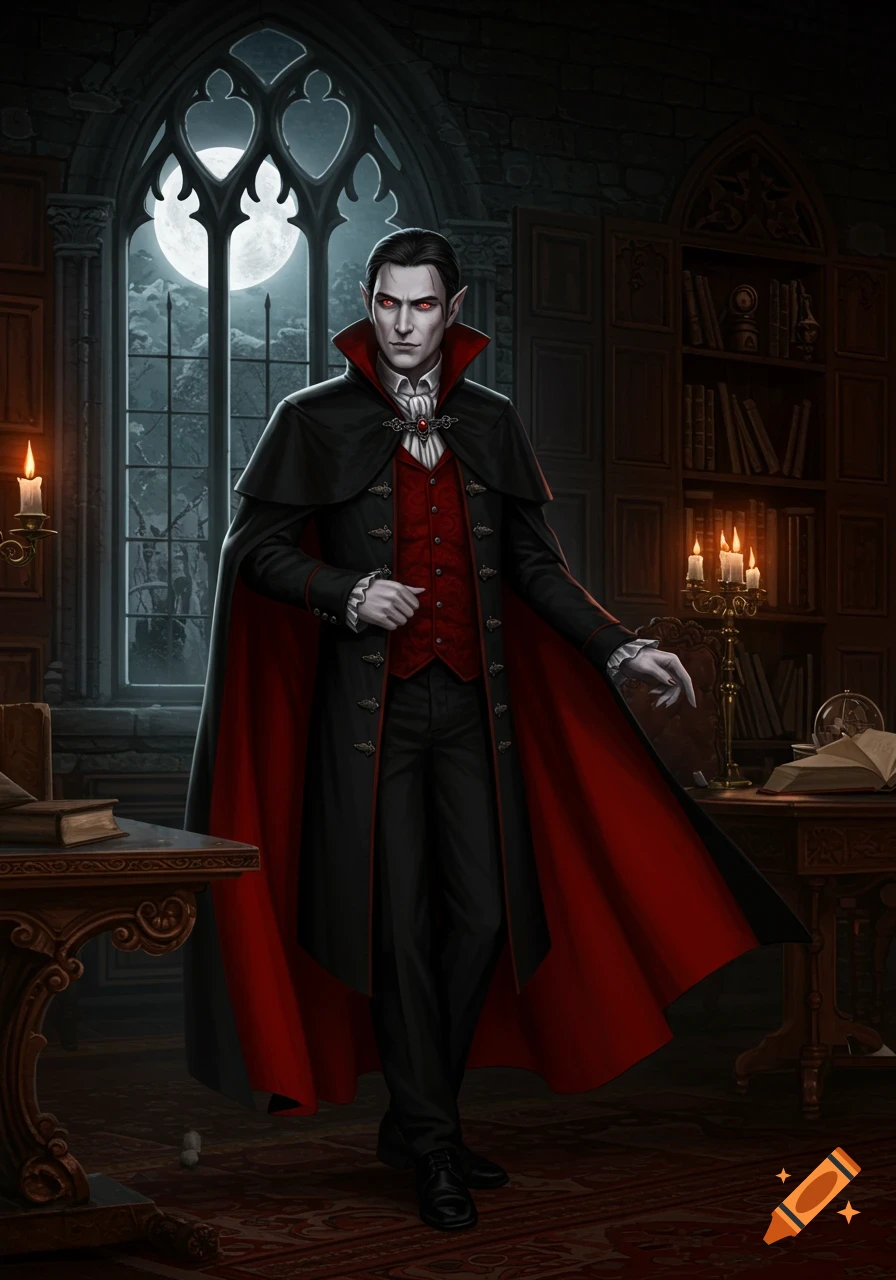 A vampire man and witch woman hold hands in a gothic autumn setting ...