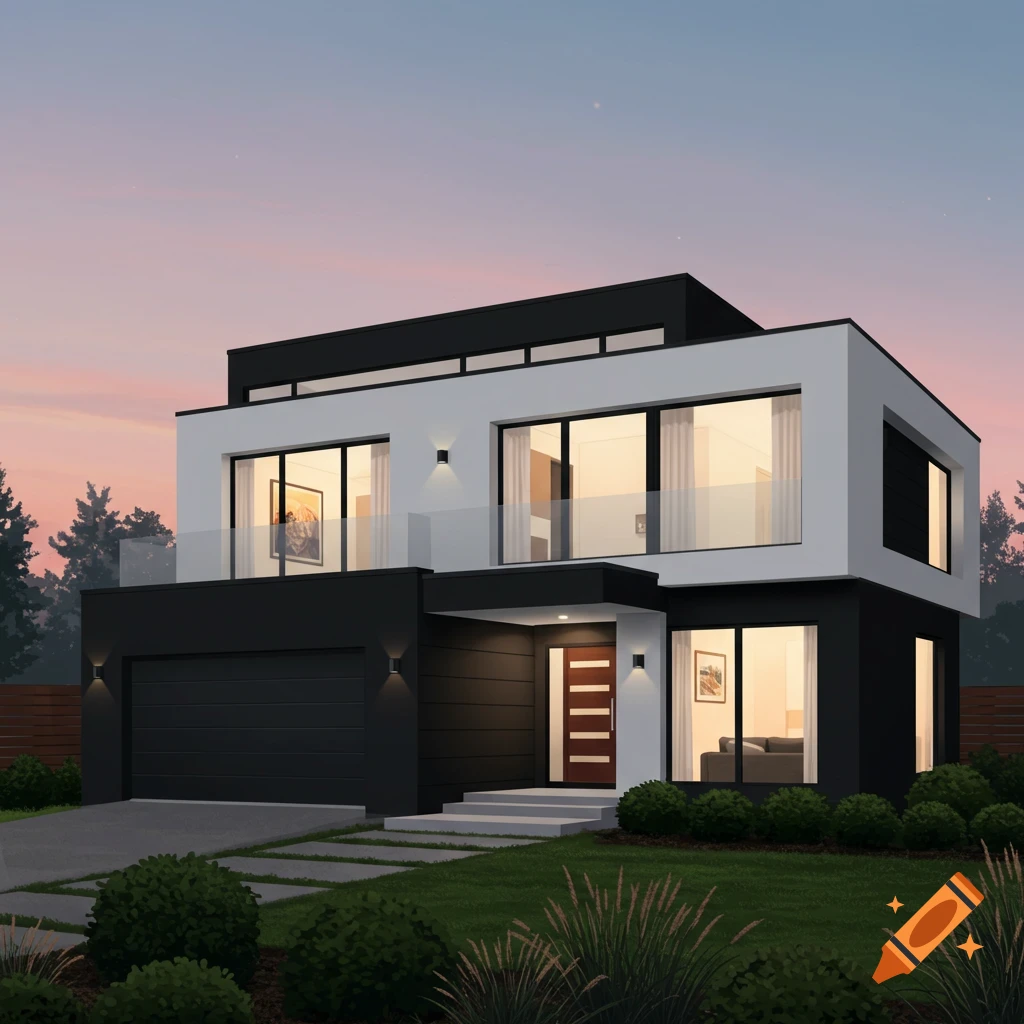 A modern two-story house with a black ground floor and white upper ...