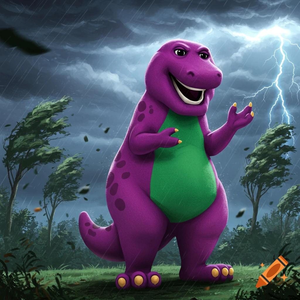 A sinister purple Barney the dinosaur with sharp teeth stands in a dark, foggy forest during a ...