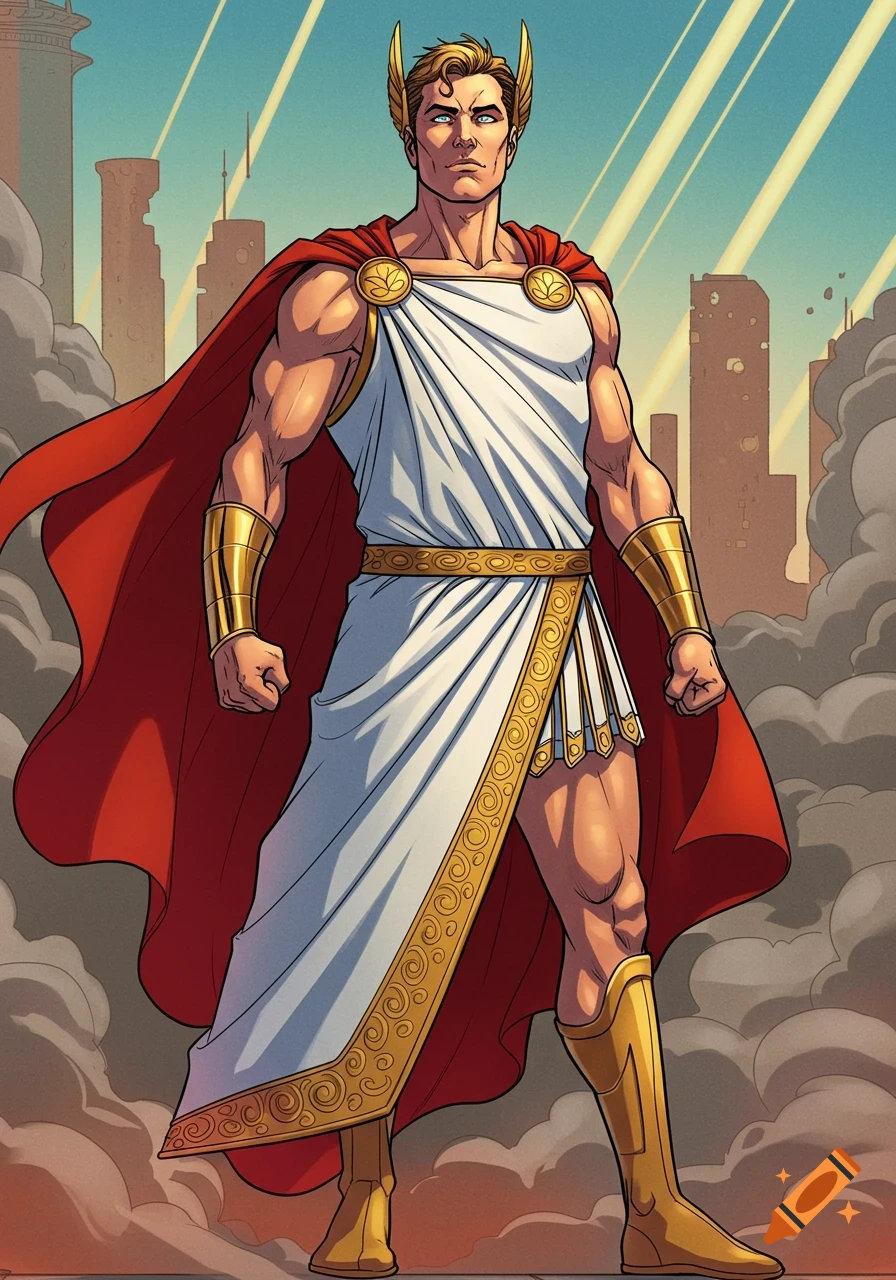 A confident female superhero in a white bodysuit, red cape, and gold ...