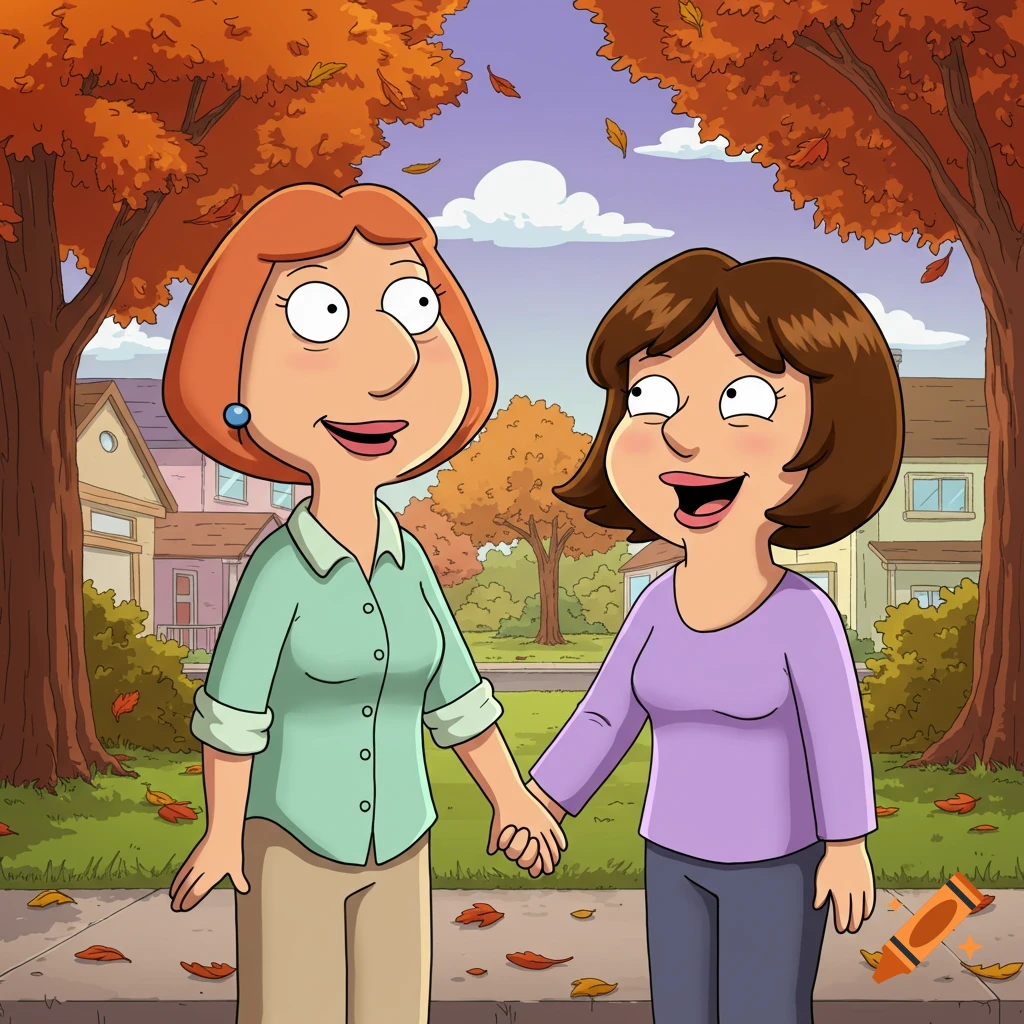 Lois Griffin and Bonnie Swanson from Family Guy holding hands on a suburban sidewalk lined with ...