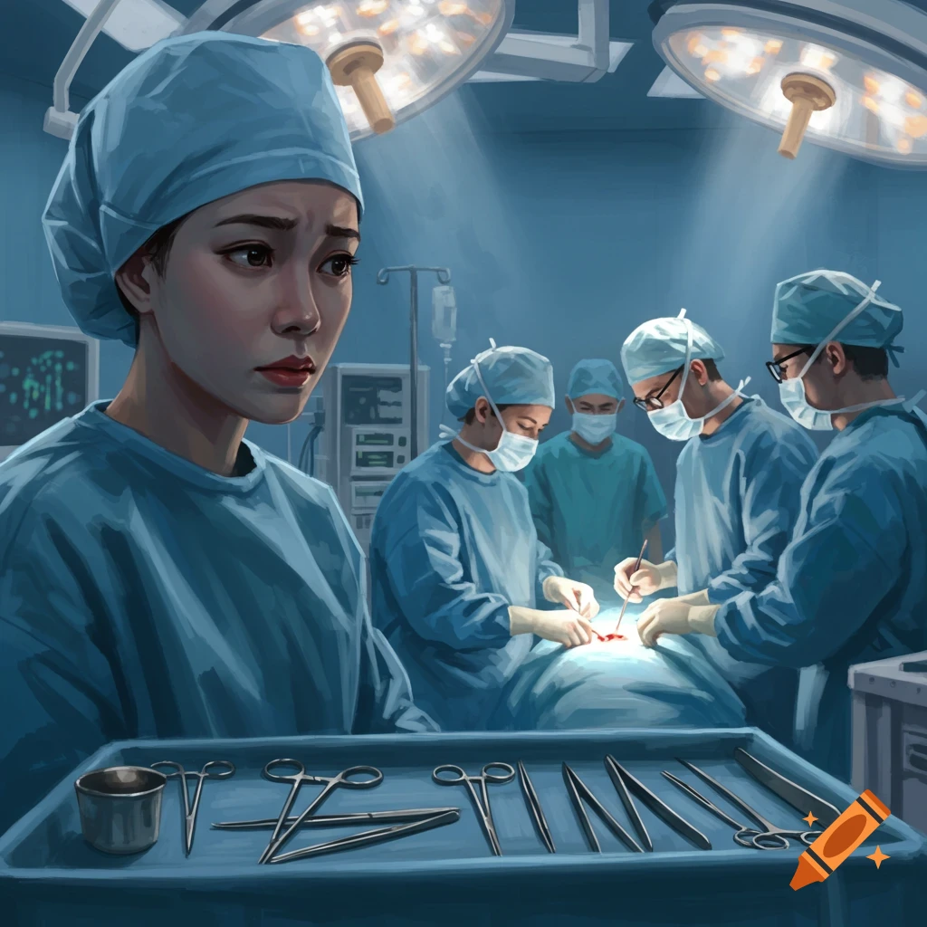 A worried nurse stands in the foreground of an operating room as surgeons perform surgery on a ...