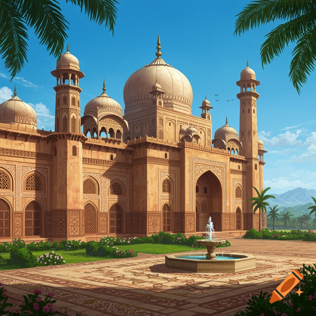 A majestic Indian palace with domes and ornate details, surrounded by ...