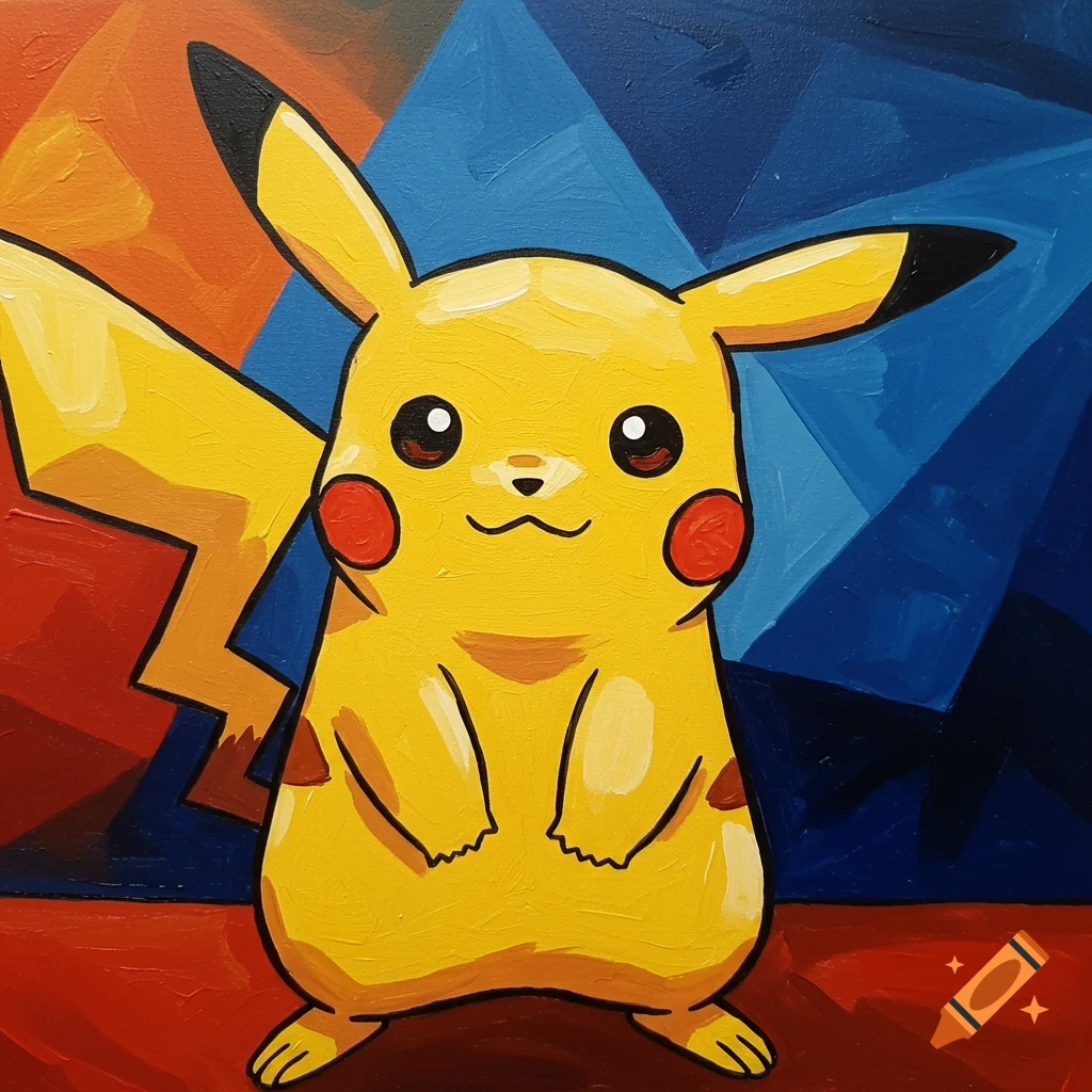 A vibrant oil painting of Pikachu in a cubist-inspired style with red ...