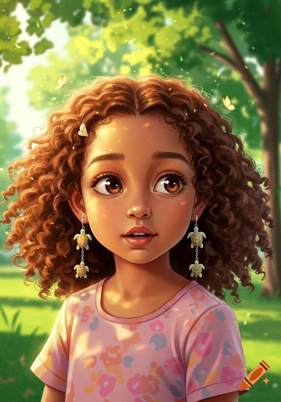 Cartoon portrait of a young girl with curly brown hair and turtle earrings in a sunny park. on ...