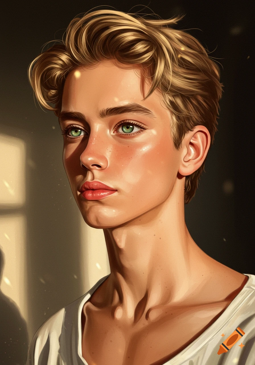 A handsome young man with auburn wavy hair and russet eyes, illuminated ...