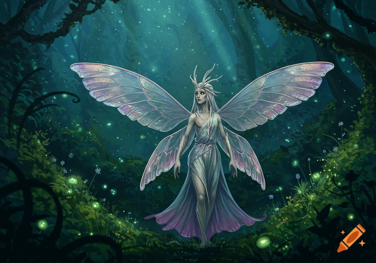 A fantasy elf, half black and half white with iridescent wings, stands ...