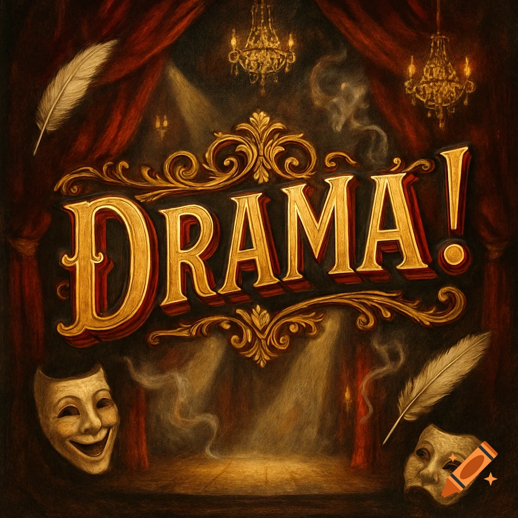 Vintage theatrical poster with red curtains, golden chandeliers, quills ...