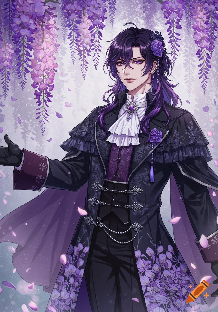 Anime portrait of an elegant man with purple hair and glowing violet ...
