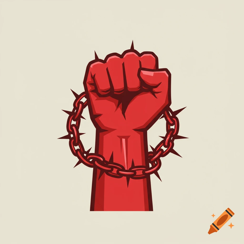 A stylized red fist clenching a spiked chain on a light background. on ...