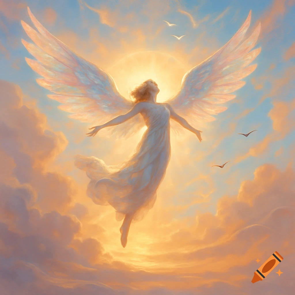 An ethereal angel in a white gown with large wings ascends into a ...